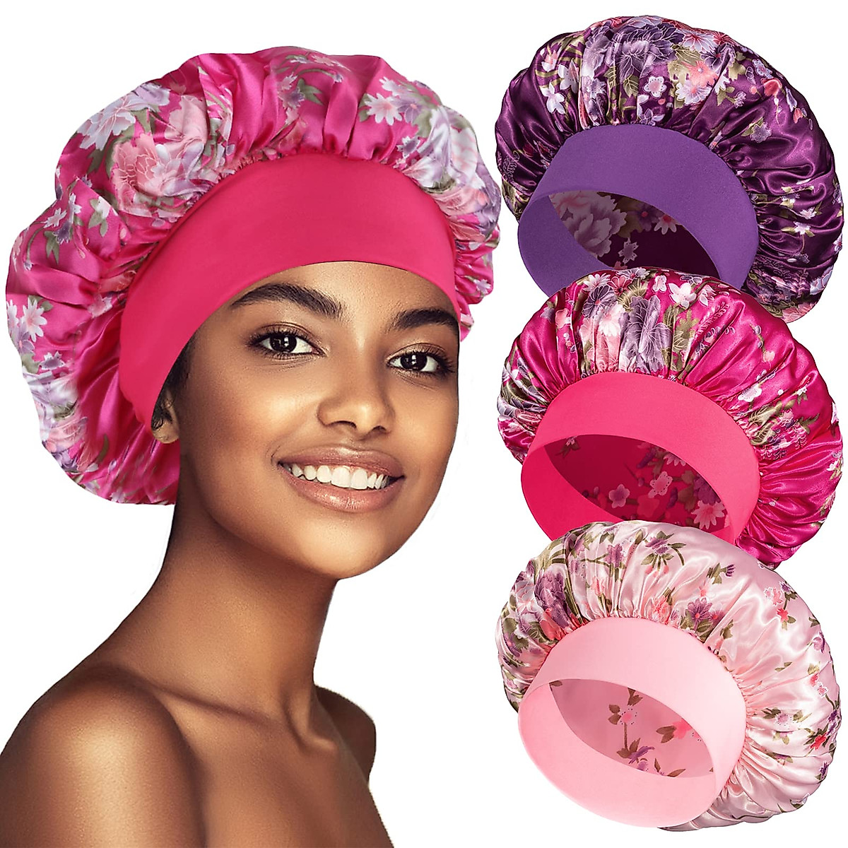 3 Pack Satin Bonnet Silk Bonnet for Sleeping, Bonnets for Black Women Hair Bonnet for Sleeping Large Sleep Cap, Wide Soft Band Bonnet for Curly Hair