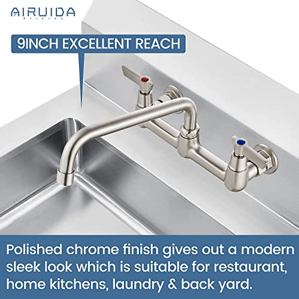 Airuida Brushed Nickel Wall Mount Commercial Kitchen Faucet Wall Mounted Kitchen Sink Faucet 8 Inches Center 8 Inches Swivel Spout Utility Sink Faucets 2 Handle Restaurant Laundry Tap