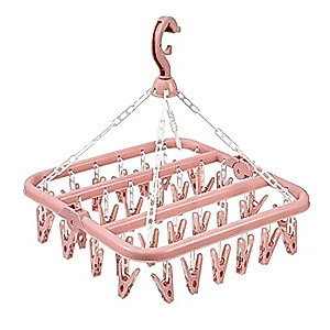 Typutomi Foldable Laundry Hanger with 32 Clips, Plastic Hanging Drying Rack Clip Hanger Drip Drying Hanger for Children Adults Clothes,Towel,Socks,Underwear,Hat,Scarf(Pink)