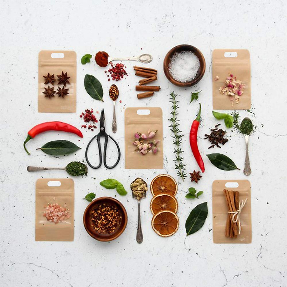 Muka 100 PCS Kraft Heat Sealable Stand Up Pouch Bags w/Handle Reusable Food Pouches Bags, 9.3"W x 13.8"H x 4"D, 7 mil