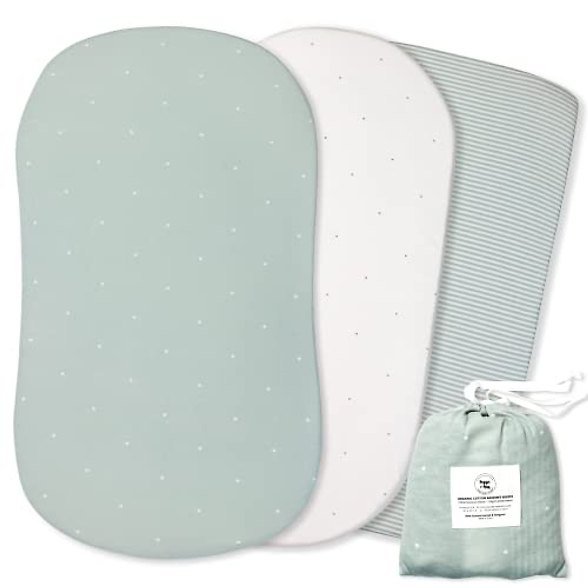 POPPI & MAX 100% Organic Cotton Bassinet Sheets for Boy Girl | 3-Pack Premium Jersey Bassinet Sheet Set | Fitted Baby Sheets for Standard Bassinet Pads | Bassinet Cover | Misty Sage Star Spot Stripe