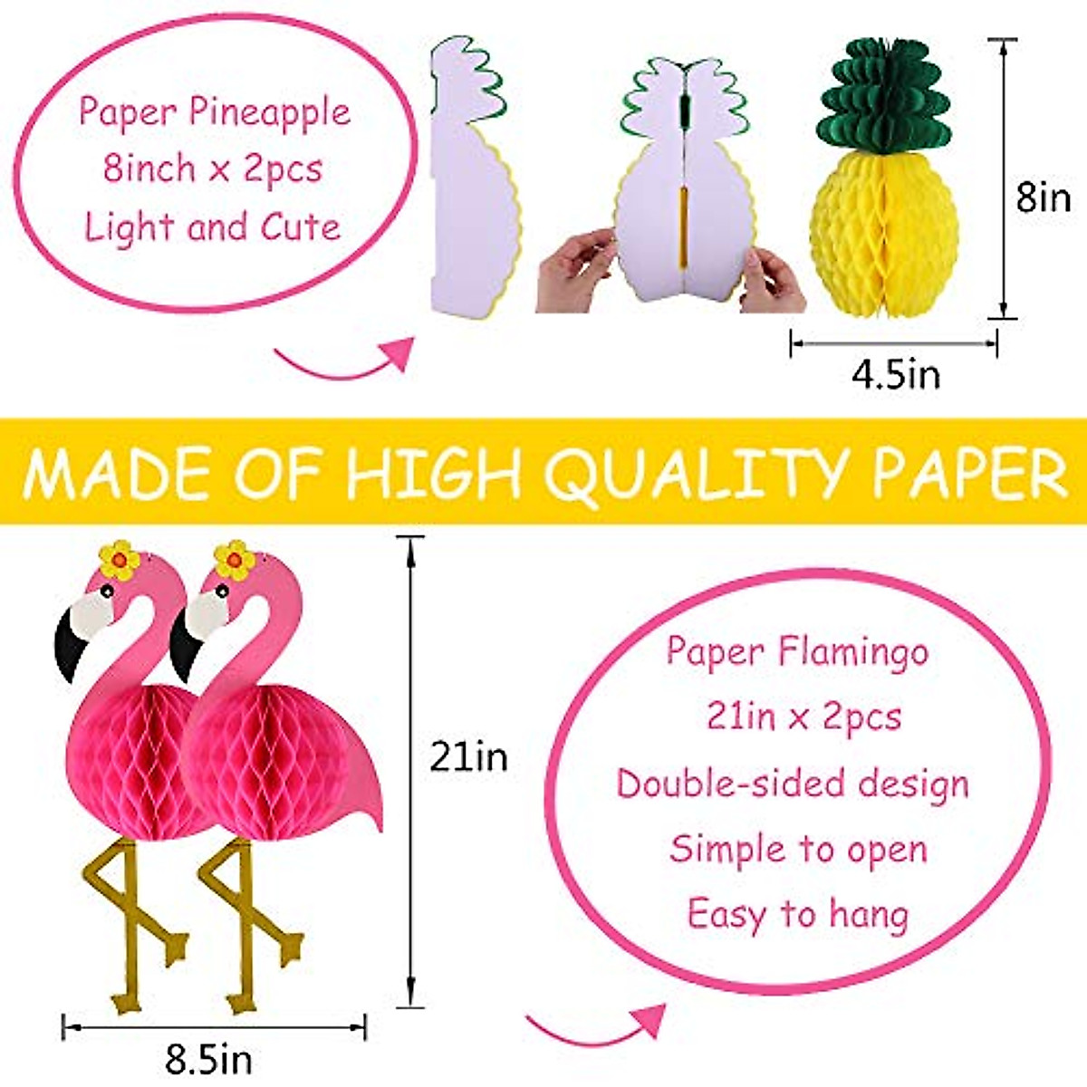 Flamingo Party Supplies, Hawaiian Party Decorations Flamingo and Pineapple Honeycomb Ball Paper Lanterns Paper Fans Pom poms Flowers for Birthday Luau Tropical Bachelorette Party