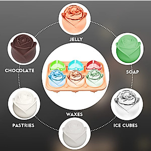 KooMall Ice Molds, Large Ice Cube Trays, Make 6Giant Cute 3D Rose Flower and Heart Shape Ice,Silicone Rubber Fun Big Ice Ball Maker for Cocktails Juice Whiskey Bourbon Freezer,Pink