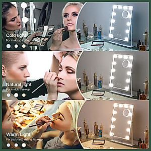 FENCHILIN Lighted Makeup Mirror Hollywood Mirror Vanity Makeup Mirror with Light Smart Touch Control 3Colors Dimmable Light Detachable 10X Magnification 360°Rotation(White)