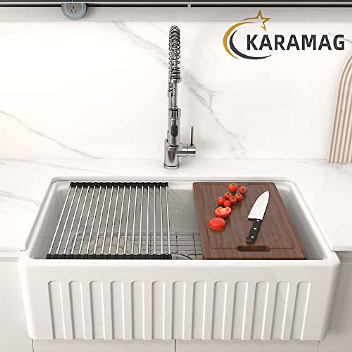 KARAMAG 33 Inch Workstation Farmhouse Kitchen Sink with Accessories, Reversible Apron-Front Single Bowl Kitchen Sink Ceramic White Farm Sinks Undermount For Kitchens