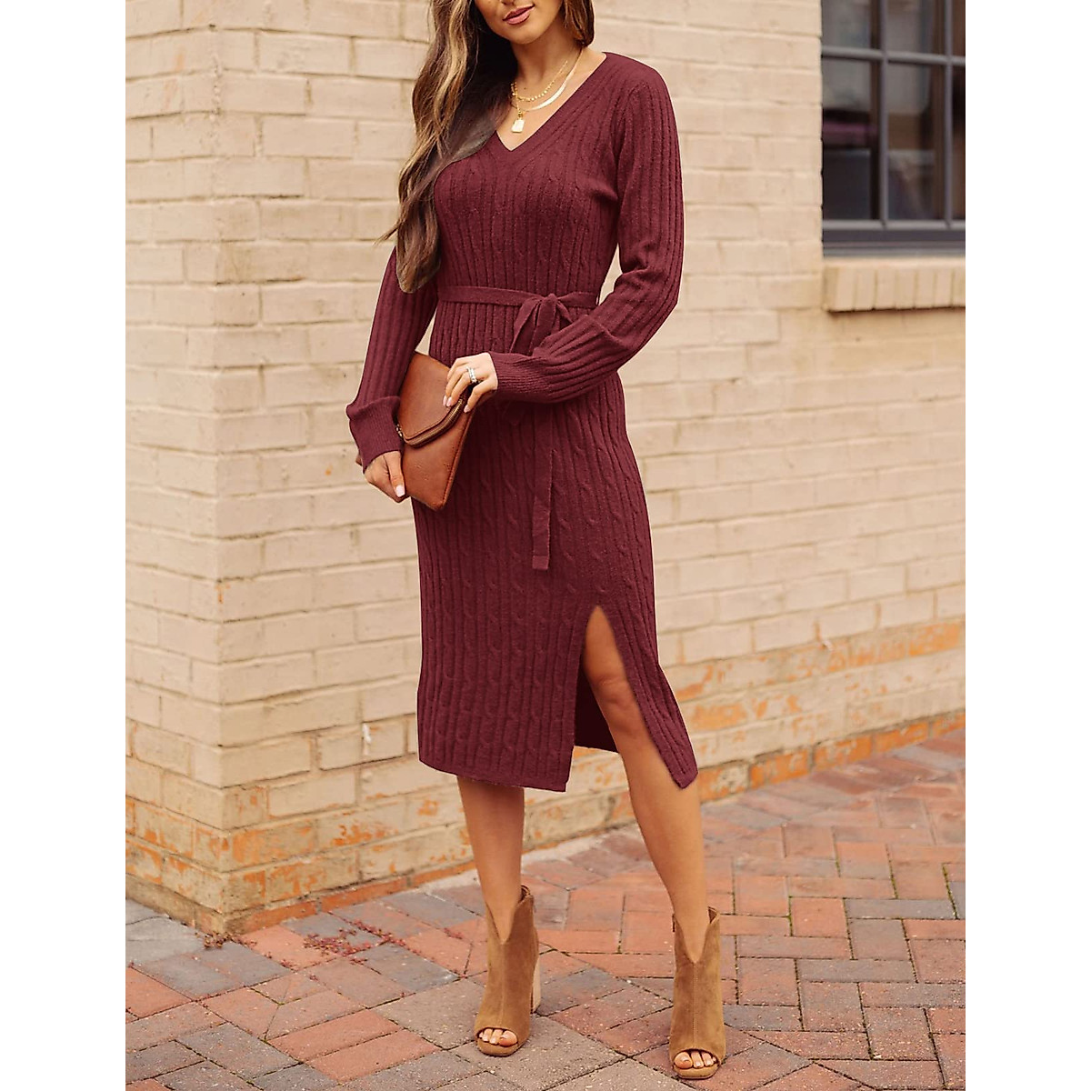 MEROKEETY Women's Long Sleeve V Neck Cable Knit Belted Bodycon Slit Sweater Dress for Party,Burgundy,S