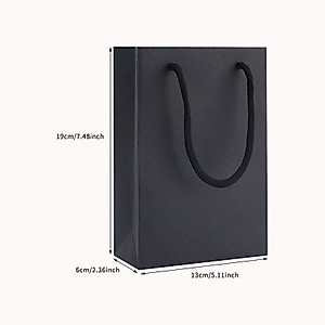 Katfort Mini Small Black Paper Gift Bags 50 Pack, 5.1x2.4x7.5inch Small Black Gift Bags Bulk with Cotton Handle, Small Size Matte Black Bags for Gifts Kraft Paper Bag