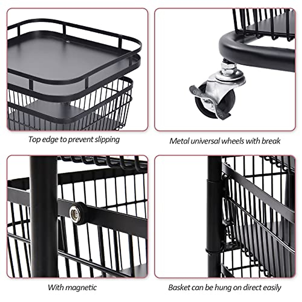 EZPEAKS 6-Tier Black Steel Kitchen Storage Tower Rounded Square Basket Shelves Organizer on Rolling Wheels with Detachable Drawers for Fruit Vegetable Grocery Spice (34.18” H, 13.39” W, 13.39” L)