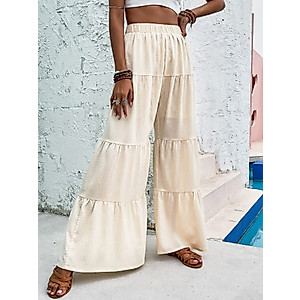 WDIRARA Women's Flowy Boho Elastic High Waist Ruffle Hem Wide Leg Beach Loose Palazzo Pants Beige M