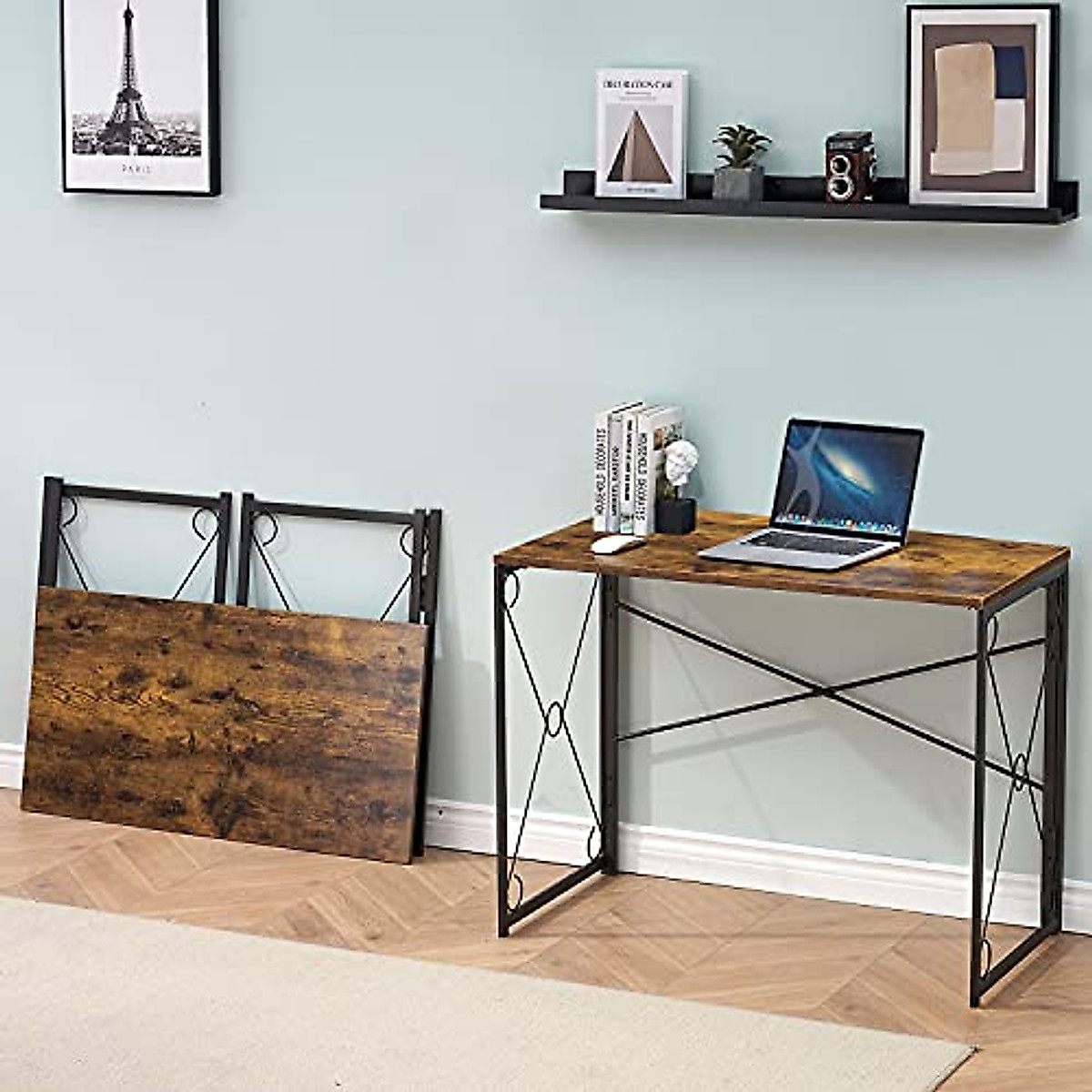 VECELO 39" Writing Computer Folding Desk Sturdy Steel Laptop Table for Home Office Work, No Assembly Required,Antique Brown