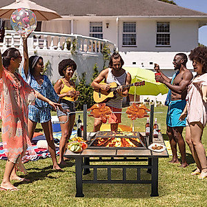 SINGLYFIRE 37 Inch Fire Pit Table with Grill for Outside Large Square Wood Burning firepit Heavy Duty Steel Bonfire Pit Cooking with Spark Screen Log Grate Poker for Backyard Garden Camping