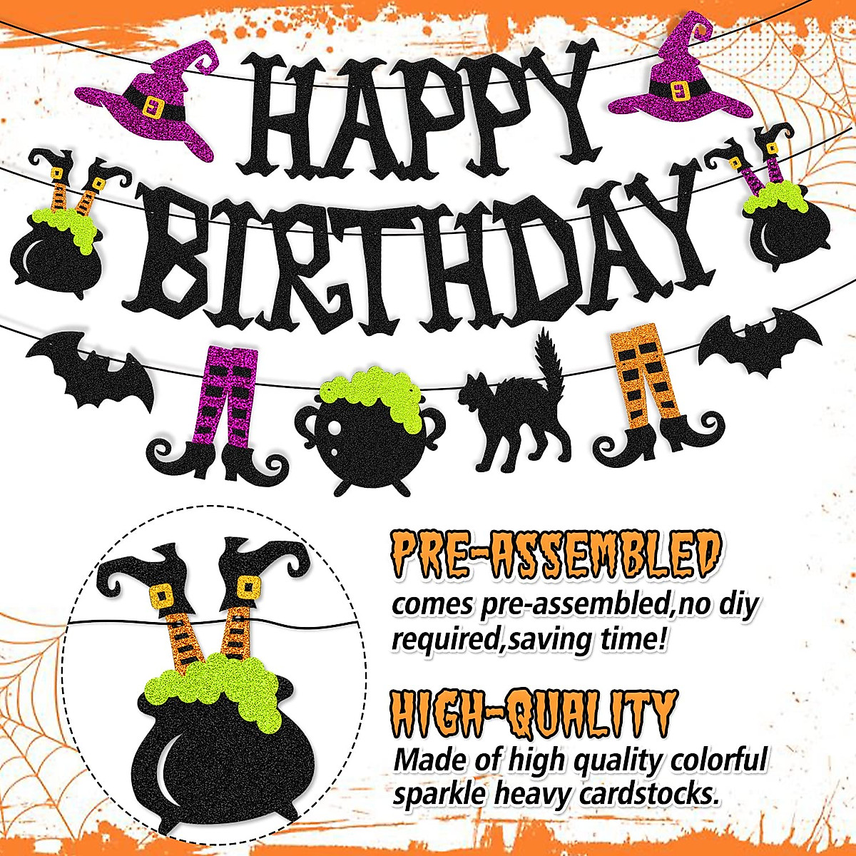 Halloween Birthday Banner Halloween Witch Party Banner Halloween Ghost Bat Cat Theme Party Garland Kids Girl Women Happy Birthday Decorations