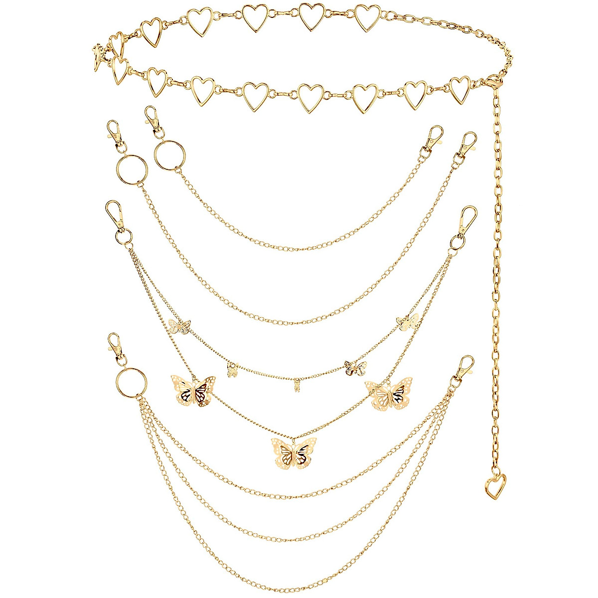 5 Pieces Chain Belt Jeans Pants Chain Pocket Waist Chain Multi-Layer Hip Hop Metal Wallet Chain for Men Women (Butterfly, Heart,Gold)