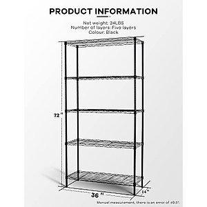 5-Tier Storage Shelves Adjustable,Wire Shelving Heavy Duty Storage Rack(250 Lbs Loading Capacity/Shelf) Metal Shelf Organizer Wire Rack Shelf for Pantry Garage Kitchen 36" D x14 W x 72" H -Black