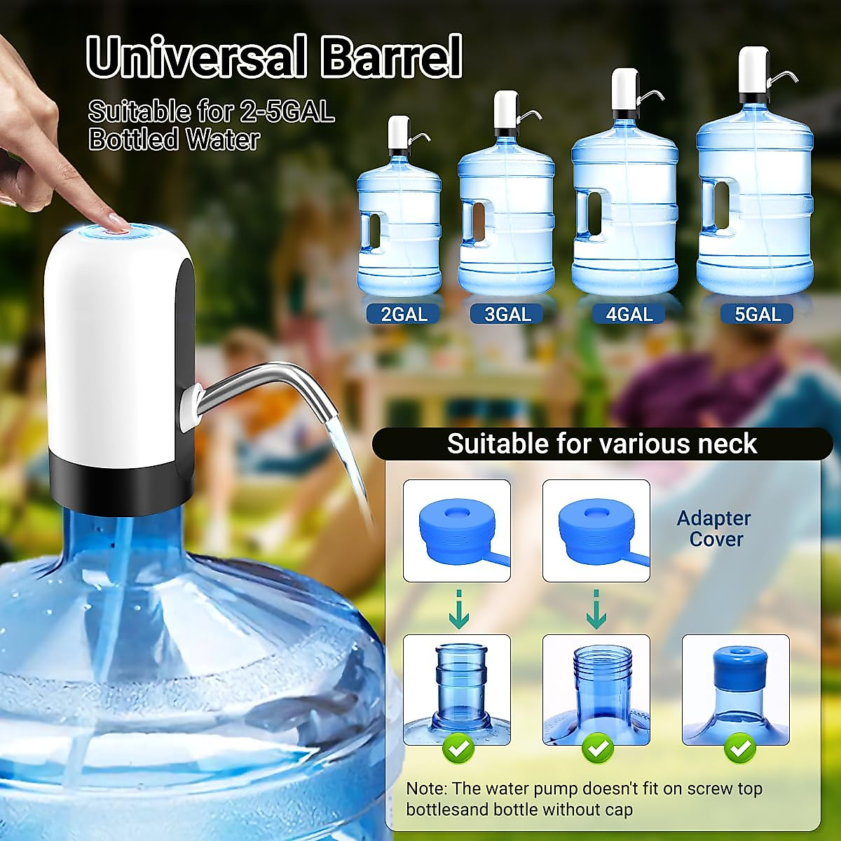 Water Bottle Pump, 5 Gallon Water Dispenser Pump, USB Rechargeable Automatic Water Jug Pump, Support 2.16-inch Neck Portable Electric Water Dispenser Water Bottle, for Camping, Kitchen (White)