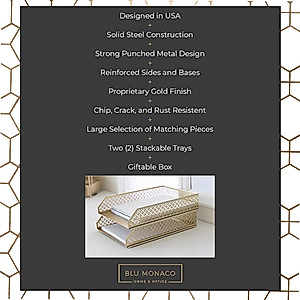 Blu Monaco Gold Desk Organizer Stackable Paper Tray Set of 2 - Metal Two Tier Tray - Stackable Letter Tray - Inbox Tray for Desk