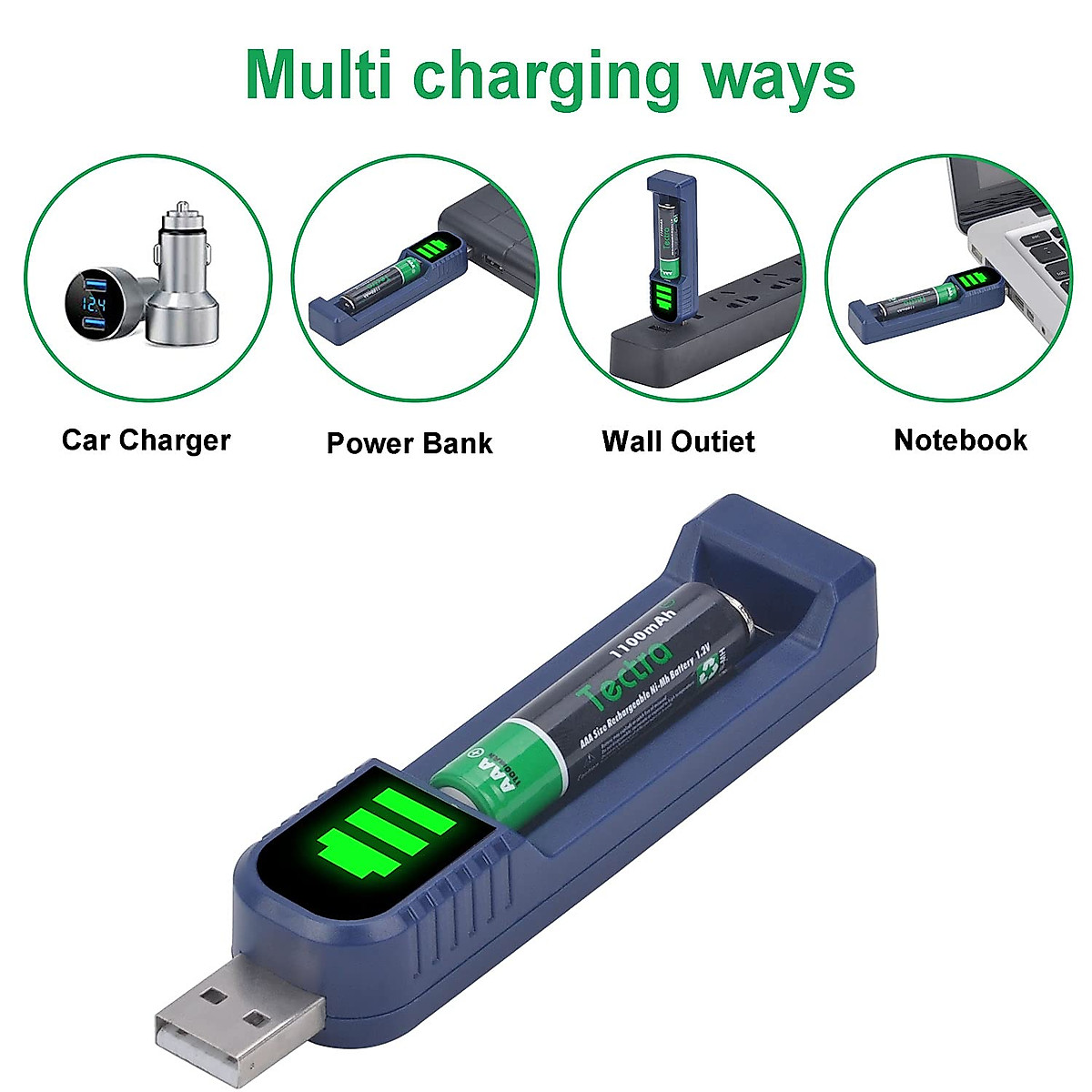 Tectra 4pcs AAA Ni-MH Rechargeable AAA Batteries with LED USB Charger for Wireless Keyboard and Mouse, Clocks, Remotes, Toys & Electronic Devices