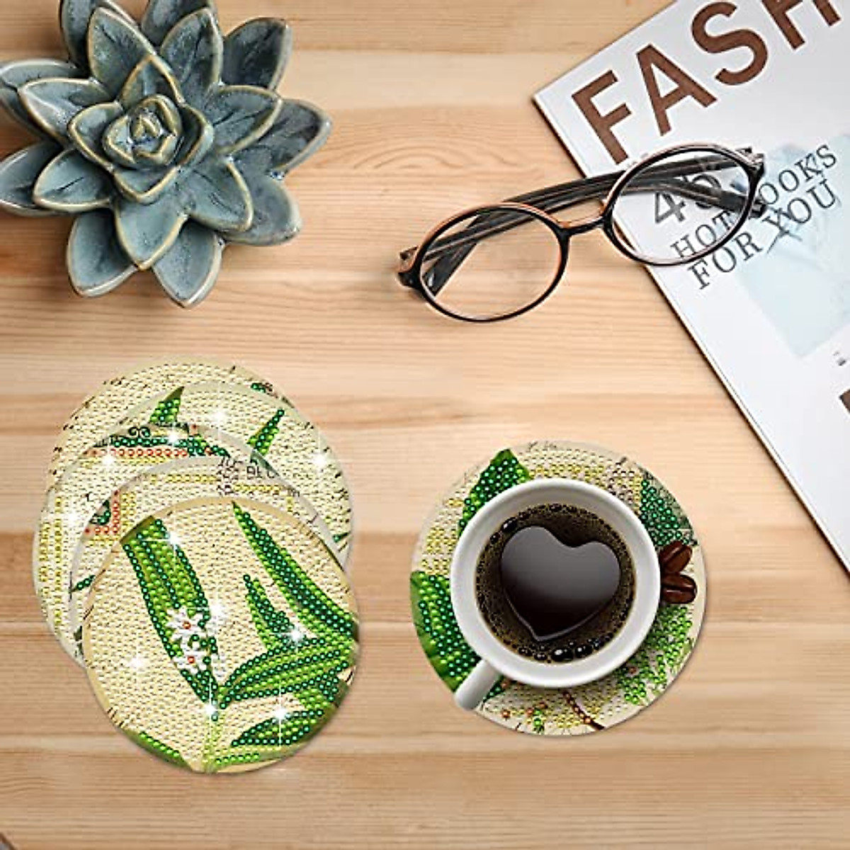 6 Pcs Leaves Diamond Art Painting Coasters Kits with Holder DIY Green Leave Diamond Art Coaster Non Slip Coaster for Adults Diamond Painting Kits Supplies