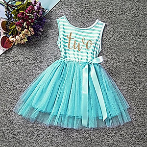 Baby Girls 2nd Birthday Outfit Sleeveless Striped Tulle Tutu Dress Two Years Birthday Cake Smash Outfits Princess Tutu Skirt Shiny Crown Print Party Bow Skirt Clothes Photo Prop Turquoise-Two Years