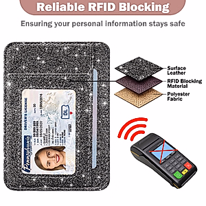 HOTCOOL Card Holder Wallet Front Pocket Minimalist Travel Cute Funny Thin Leather With RFID Blocking Small Credit Card Holder Wallet for Men & Women Girls Organizer Gifts, Glitter Black