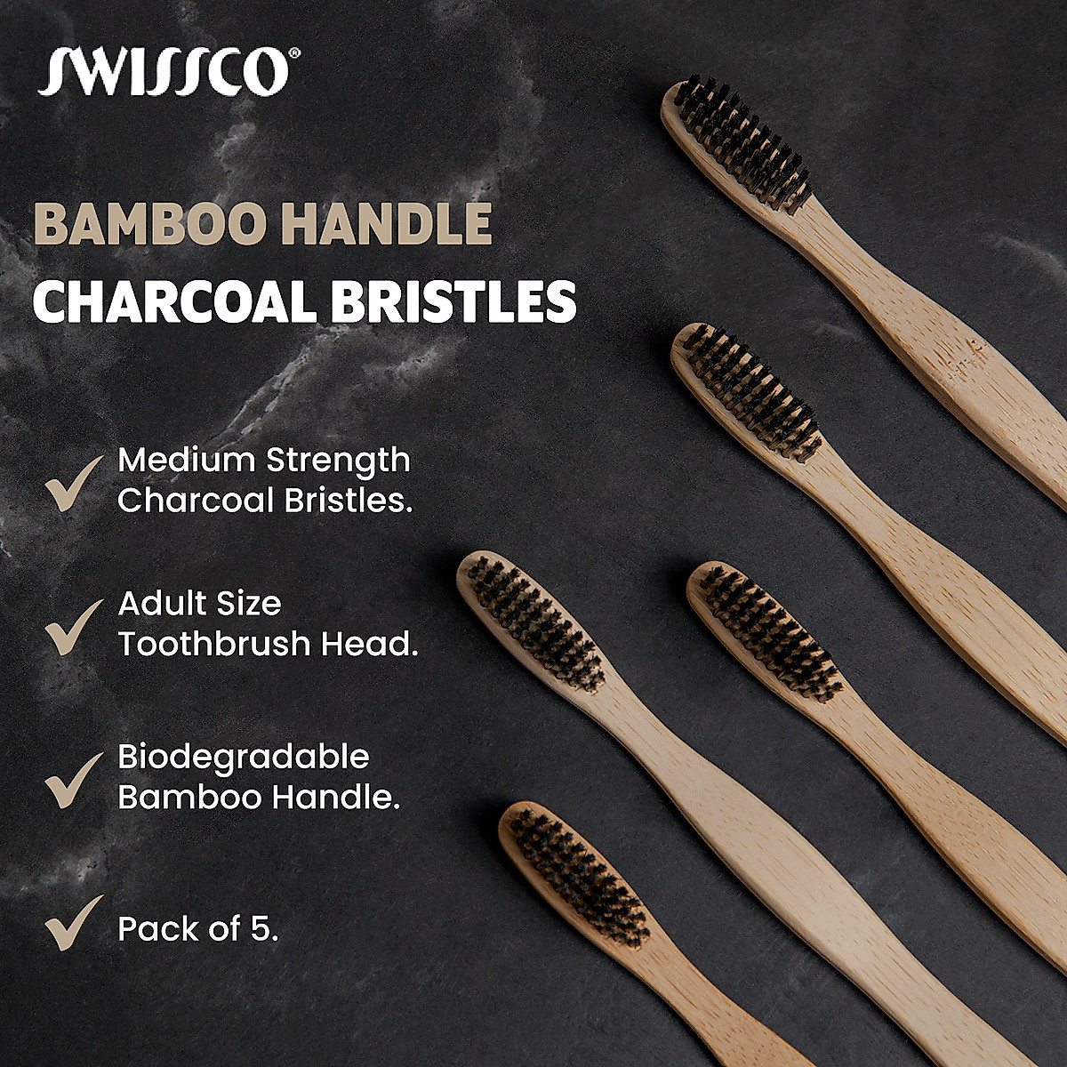 Swissco Bamboo Charcoal Toothbrushes Teeth Whitening Medium Toothbrush for Adults | Biodegradable Toothbrush | Eco Friendly Wooden Toothbrushes | 5-Pack