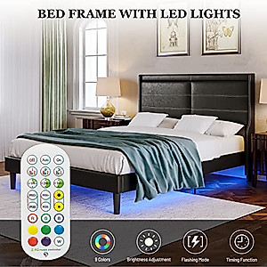 Arisaniasion Queen Size Bed Frame with LED Light Square Stitched Adjustable Headboard Strong Bed, Remote Control Control LED Lights, No Box Spring Needed, Noise Free, Easy Assembly (Black)
