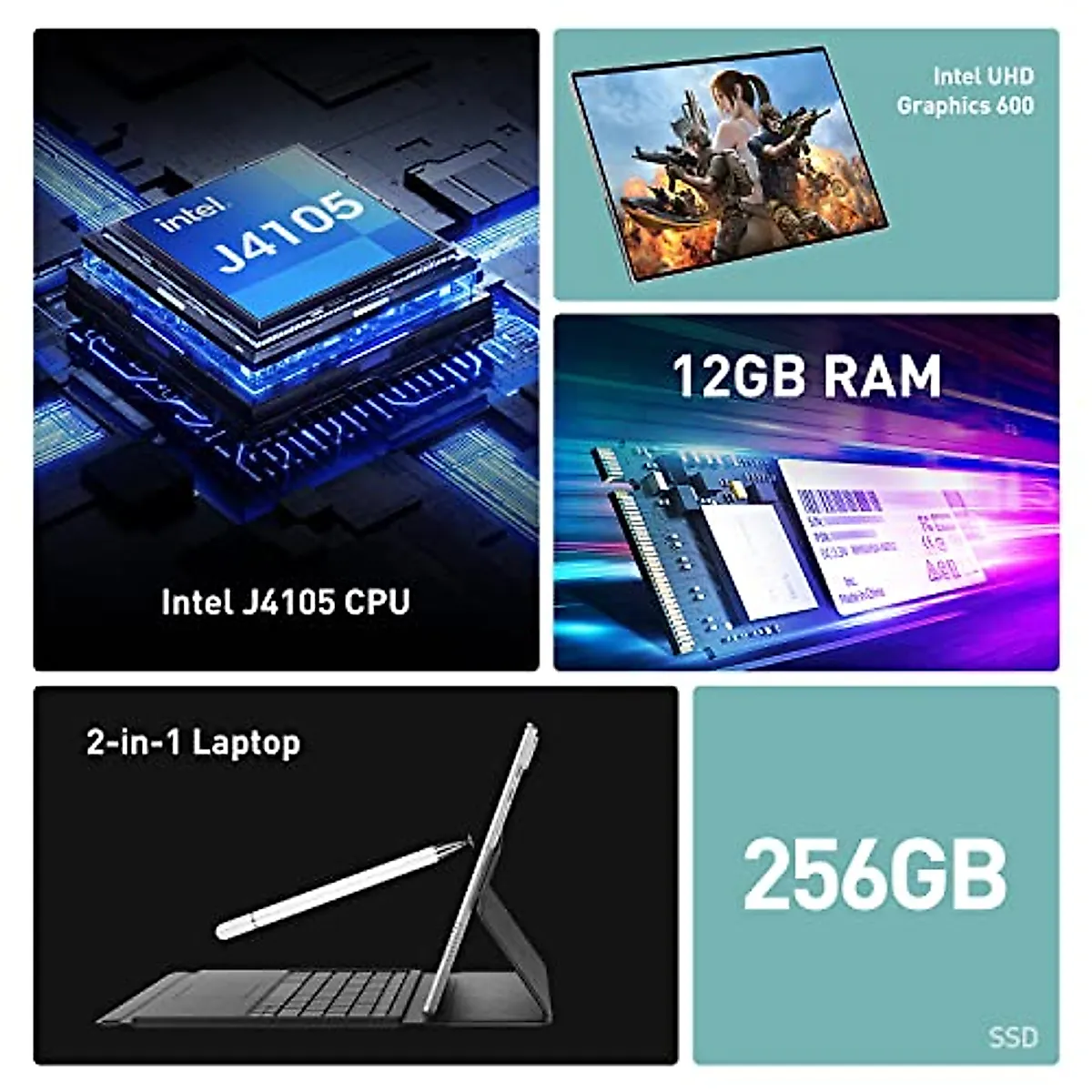 BQVV 2 in 1 Laptop Touchscreen Computer, Intel Quad Core J4105 12GB RAM, 256GB SSD, 12.3" HD Display Windows 11 Convertible Laptop with Detachable Keyboard and Stylus Pen, WiFi, Bluetooth, Webcam