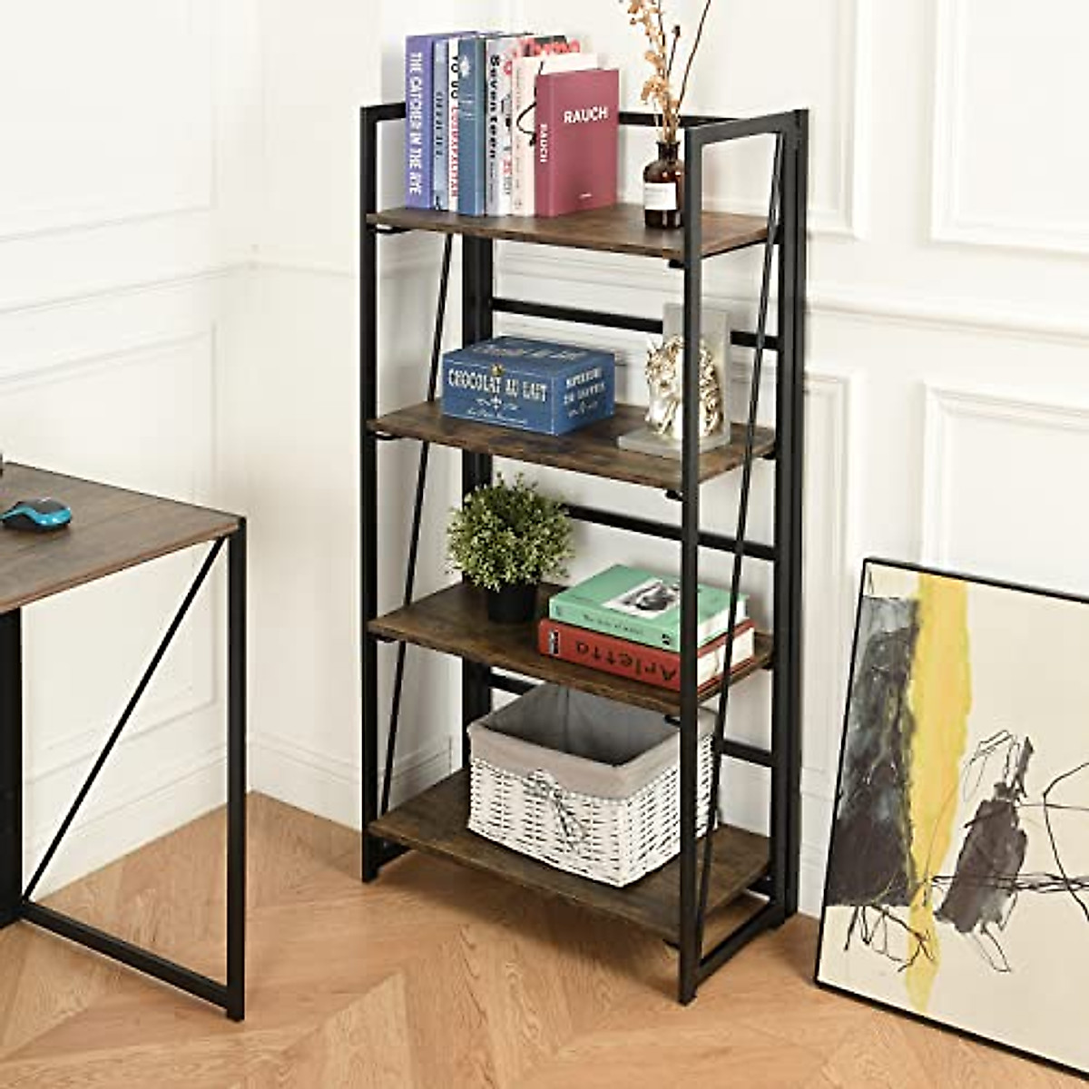 FurnitureR 4-Tier Bookcase Folding Bookshelf Home Office Industrial Bookcase with Metal Frame No Assembly Storage Shelves Vintage Flower Stand Rustic Book Rack Organizer, 23.6 X 11.8 X 49.2 Inches