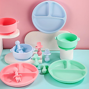 Pimoys 12 Pack Silicone Baby Suction Plates Baby Bowls Baby Feeding Set with Spoon Fork Baby Led Weaning Supplies Toddler Eating Utensils, Microwave & Dishwasher Safe