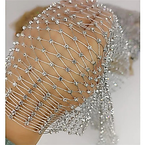 60X90cm Silver Shiny Stretch Crystal Rhinestone Fishnet One Yard Mesh Sheer Cutout Fabric 2024 Ins Popular Designer DIY Wedding Dresses, Gift Wrapping Mask Decoration (Silver, 1 Yard)