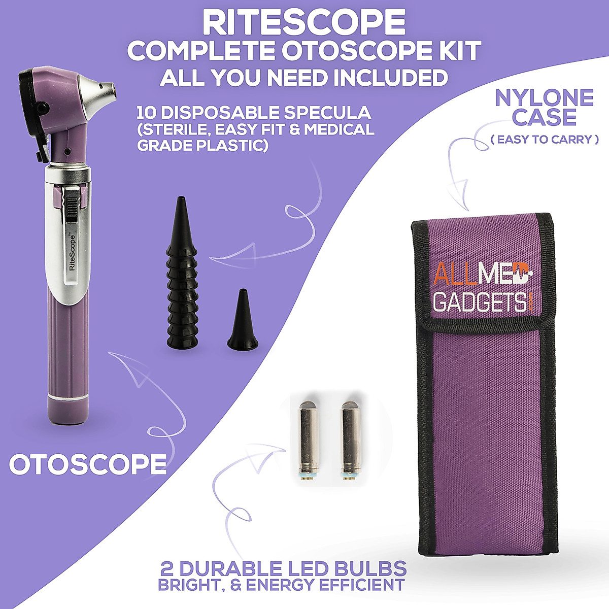 RiteScope Otoscope with Light - Premium Otoscope Set with Fiber Optic Illumination - Ear Infection Detector - Ear Scope for Examination at Home-Purple