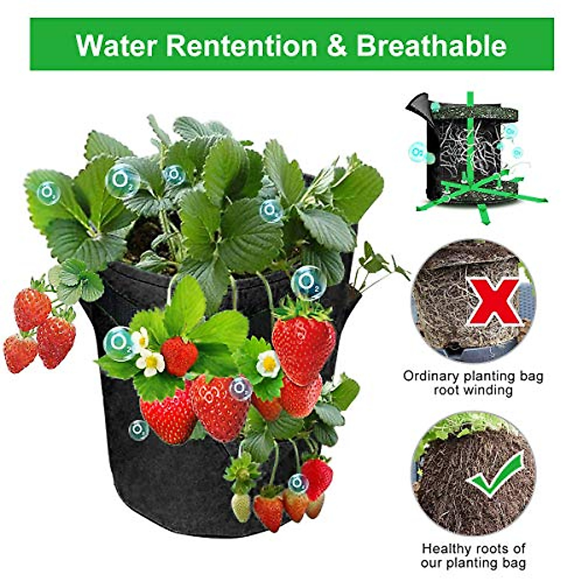 TENOVER Strawberry Grow Bags, 2 Pack 10 Gallon Strawberry Planter with 8 Side Grow Pockets, Breathable Non-Woven Fabric Reinforce Handle Plant Grow Bag for Garden Strawberries, Herbs, Flowers