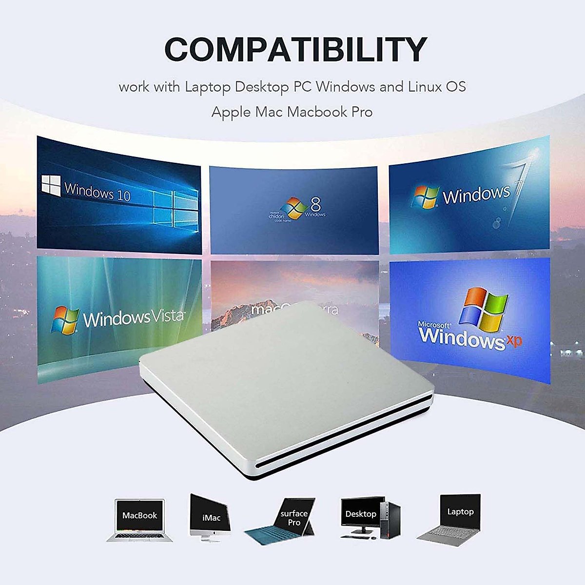 VikTck External CD DVD Drive USB C Ultra Slim Portable CD DVD Player Burner/Writer/Reader USB Superdrive Disc Duplicator for MacBook Pro/Air/Mac/M1/Laptop/Windows10 (Silver)