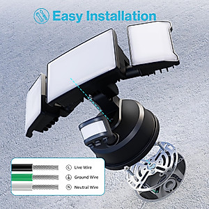 Olafus 65W Flood Light Outdoor Motion Sensor Light, LED Security Light IP65 Waterproof, 6000LM Motion Activated Light 3 Head Floodlight, 6500K Exterior Sensor Light for Garage Yard Porch Patio, Black