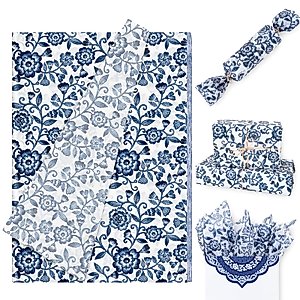 Whaline 100 Sheet Vintage Floral Tissue Paper Set Blue Flower Gift Wrapping Paper Retro Chinoiserie Art Craft Tissue for Wedding Birthday Party Decor, 13.7 x 19.6 Inch