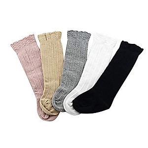 Bestjybt Baby Girls Boys Knee High Socks Cotton Newborn Infants Toddlers Cable Knit Tube Ruffled Stockings, 5 Pairs (Multicolor, 1-6 Months)