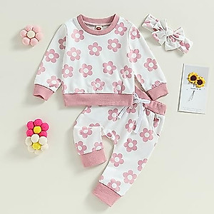 Douhoow Infant Baby Fall Outfit Baby Girl Flowers Sweatshirt Drawstring Pants Baby Girl Clothes Set (Pink, 0-6 Months)