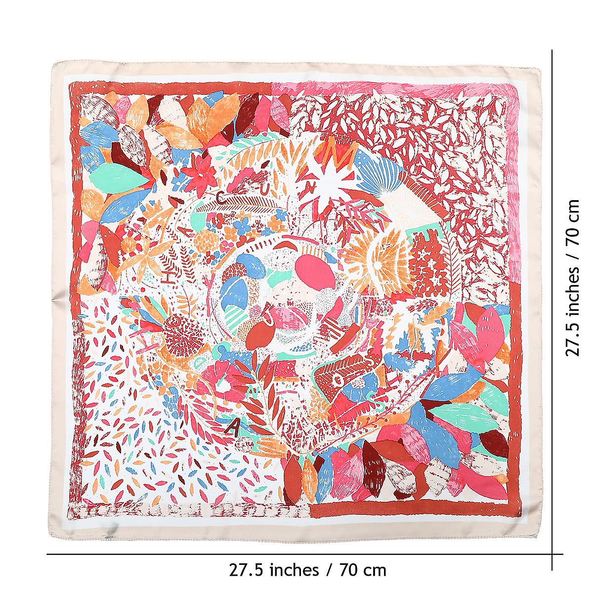 AWAYTR 27.5” Silk Satin Square Head Scarf/Scarves for Women Hair Bandanas Sleeping Neck Head Kerchief/Wraps (Flowering Leaves (Beige/Orange/Navy/Red)), 4PCS