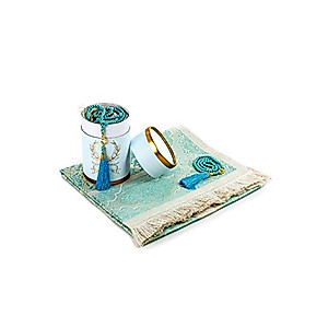 Muslim Prayer Rug and Prayer Beads with Elegant Cylinder Gift Box | Janamaz | Sajadah | Soft Islamic Prayer Rug | Islamic Gifts Set | Prayer Carpet Mat, Taffeta Fabric, Blue