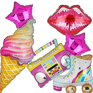 6 Pcs Rainbow Roller Skate Balloons Boom Box Balloon Ice Cream Truck Red Lip Balloon Girl Baby Shower Princess Doll Theme Birthday Party Decor Supplies Pink