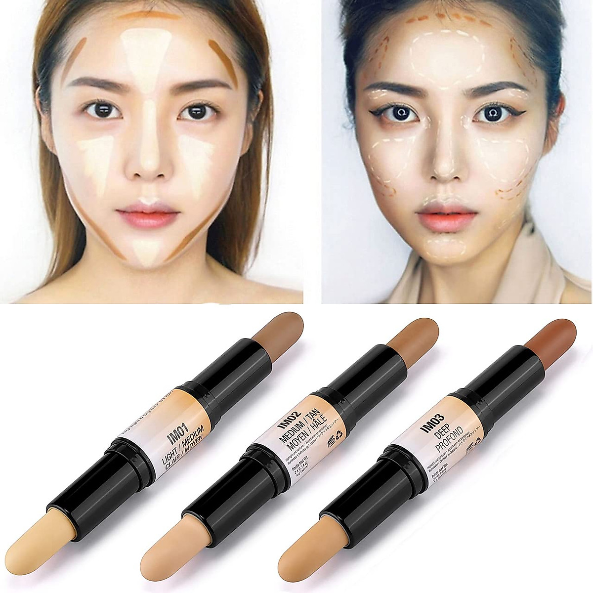 Wismee 3Pcs Dual-Ended Contour Stick, 6 Colors Contour and Highlighters Stick Brightening Concealer Contouring Pen Kit for Light Dark Skin Face Makeup Cosmetic Foundation Creamy Set for Women Girls