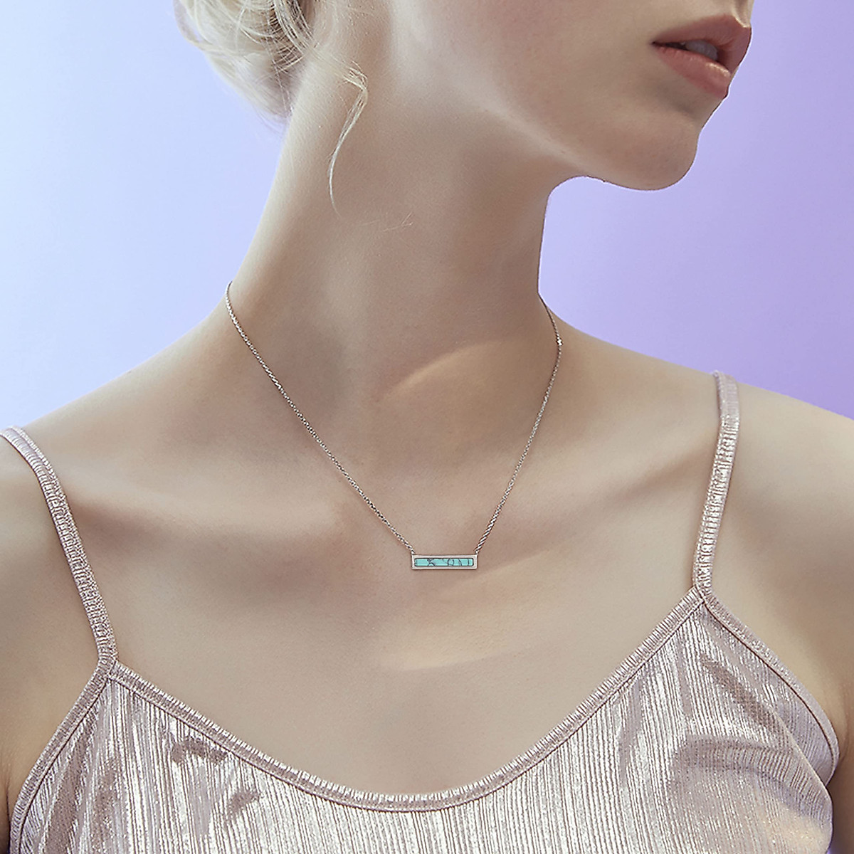 Lauren-Spencer Gemstone Bar Necklaces for Women Gold Silver Plated Simulated Turquoise Necklace Pendant Triangle Square Necklaces Dainty Choker Necklace Jewelry Gift (Silver-Turquoise Bar Necklace)