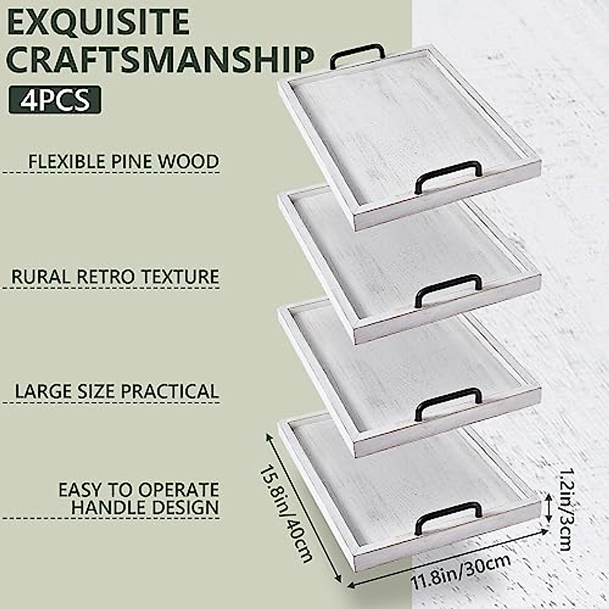 Lallisa 4 Pcs Large Rustic Wooden Serving Tray Rectangular Ottoman Tray with Handles Wood Tray Decorative Serving Trays Platter for Party, Coffee Tables, Breakfast, Home (White,15.75 x 11.81 x 2.36)
