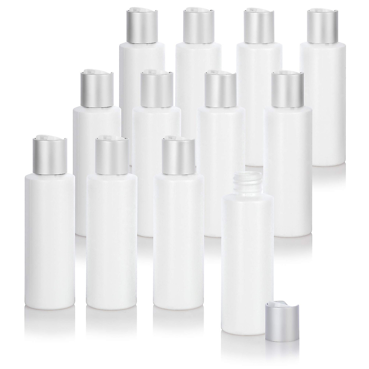 JUVITUS 4 oz / 120 ml White Plastic HDPE Refillable Cylinder Squeeze Bottle with Silver Disc Cap (12 Pack)