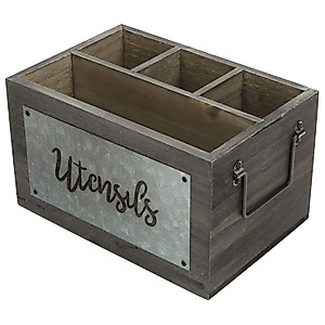 MyGift 4 Compartments Vintage Gray Wood Flatware Organizer and Napkin Holder Caddy with Rustic Metal Handles and UTENSILS Design Galvanized Panel for Kitchen Counter, Dining Room Table, Buffet Server