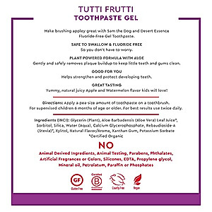 Desert Essence, Tutti Frutti Toothpaste Kids Gel, 4.7 oz. - Safe to Swallow, Fluoride Free, SLS Free, Gluten-Free, Vegan, Plant Powered Formula, Great Tasting, Removes Plaque and Buildup
