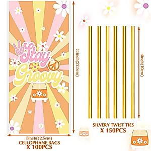 100 Pcs Groovy Boho Party Favor Bags Two Groovy Cellophane Retro Goody Treat Bag Hippie Decorations Daisy Groovy Birthday Party Plastic Bags with 150 Pcs Gold Twist Ties for 60's 70's Hippie Party
