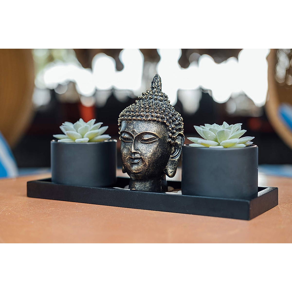 Buddha Statue & Succulent Zen Garden Set- Buddha Head Statue w/ Wooden Display Tray & Stones| Buddha Decor For Home Decor. Beautiful & Peaceful. Great Meditation Gifts.
