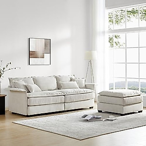 Acosure 95" L Oversized Luxury Sectional Sofa with Bentwood Armrests & Ottoman,4 seat Upholstered L-Shape Couch W/Double Cushions & 4 Waist Pillows,Indoor Furniture for Living Room Apartment,Beige