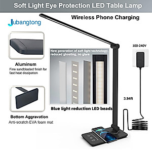 Jubangtong LED Desk Lamp with Wireless Charger，Phone Charging Lamp, Soft Reading Lamp, Fully Dimmable & Touch Console Table Lamp, Auto Timer,for Home Office & College Dorm Room